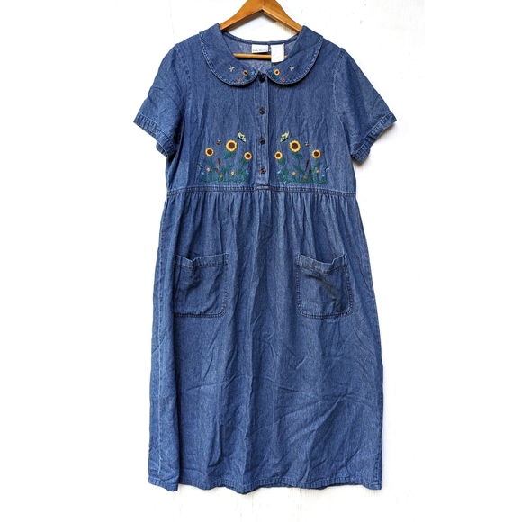 Vintage | Dresses | Vintage Sunflower Embroidered Button Front Denim ...